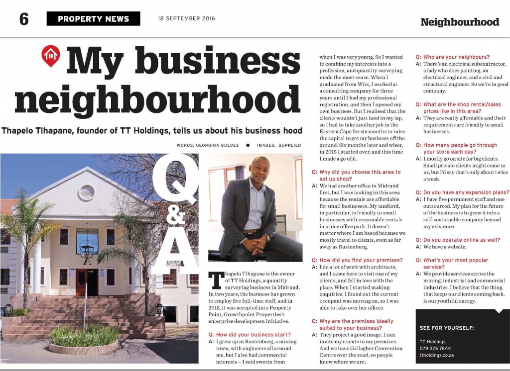 Thapelo Tlhapane talks to My business neighbourhood - TT Holdings